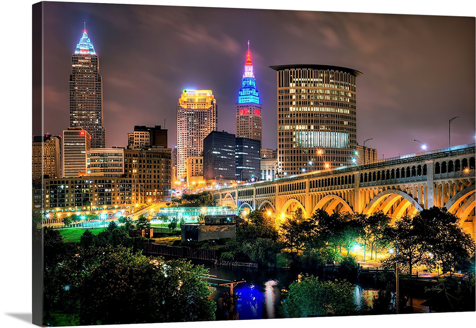 Cleveland Skyline at NIGHT Detroit Ave Bridge Panoramic Photo Poster ...