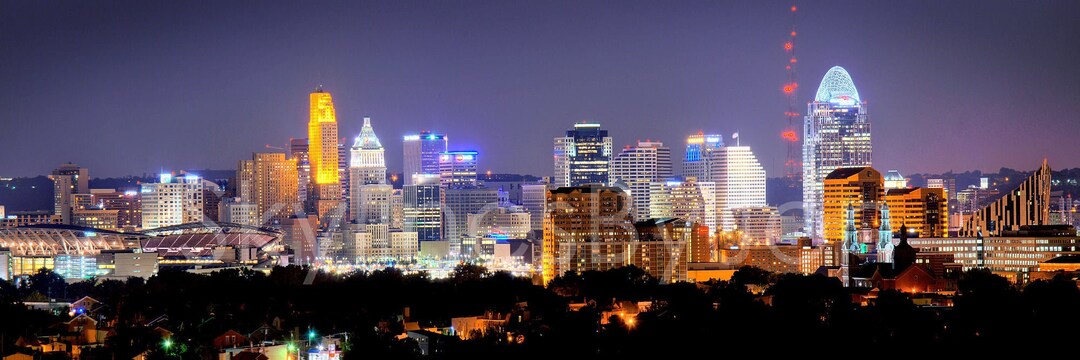Cincinnati Skyline NIGHT Panoramic Photo Print Cityscape Cincy Picture ...
