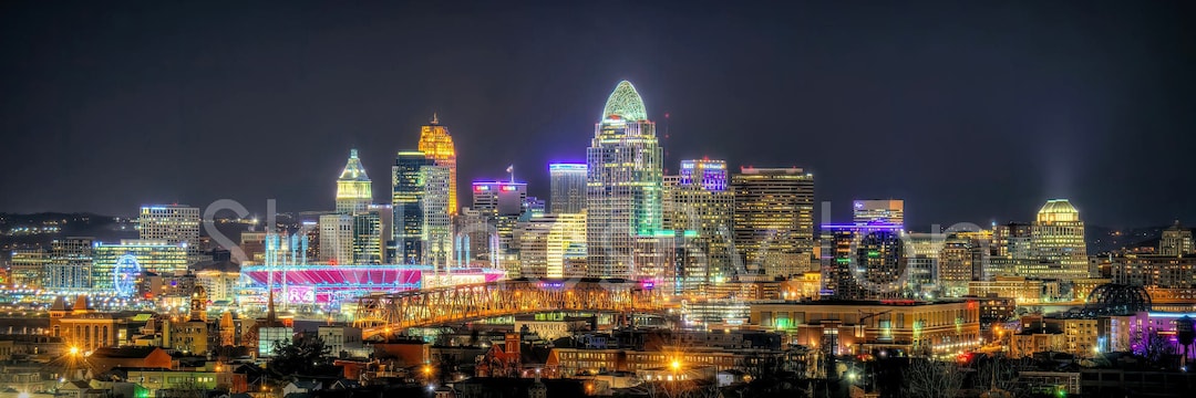 Cincinnati Skyline Evening NIGHT From SE Panoramic Photo Print ...