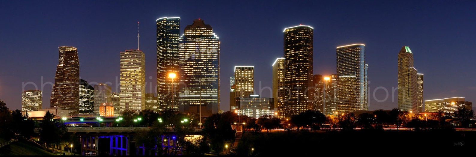 Houston Skyline at NIGHT Panoramic Print Panorama Poster Photo Picture ...