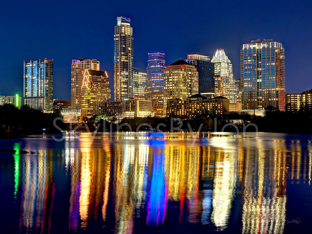 Austin Skyline at NIGHT Panoramic Photo Poster Cityscape Print Standard ...