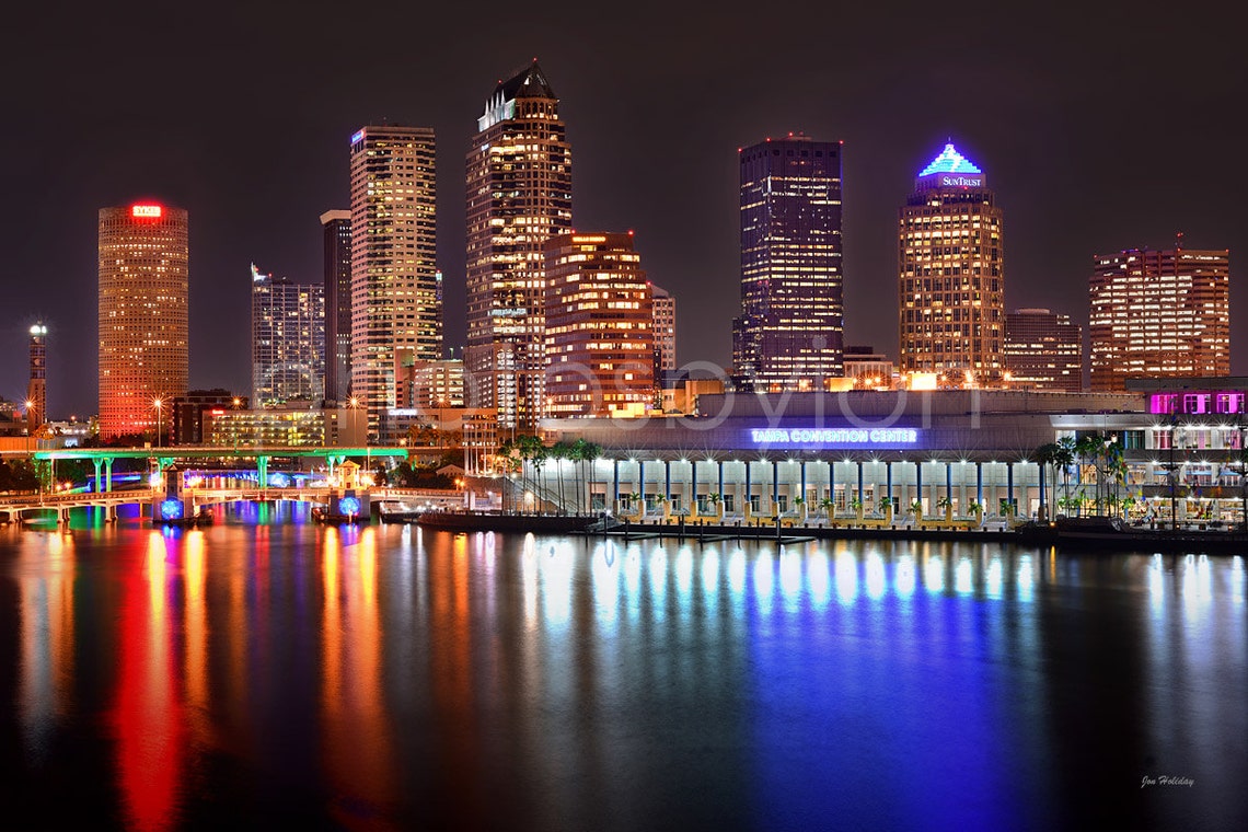 Tampa Skyline at NIGHT Panoramic Photo Poster Cityscape Print Standard ...