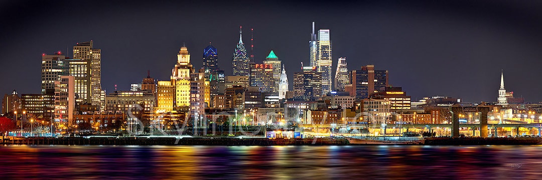 CANVAS Philadelphia Skyline Night Color or BW Philly Panoramic Photo ...