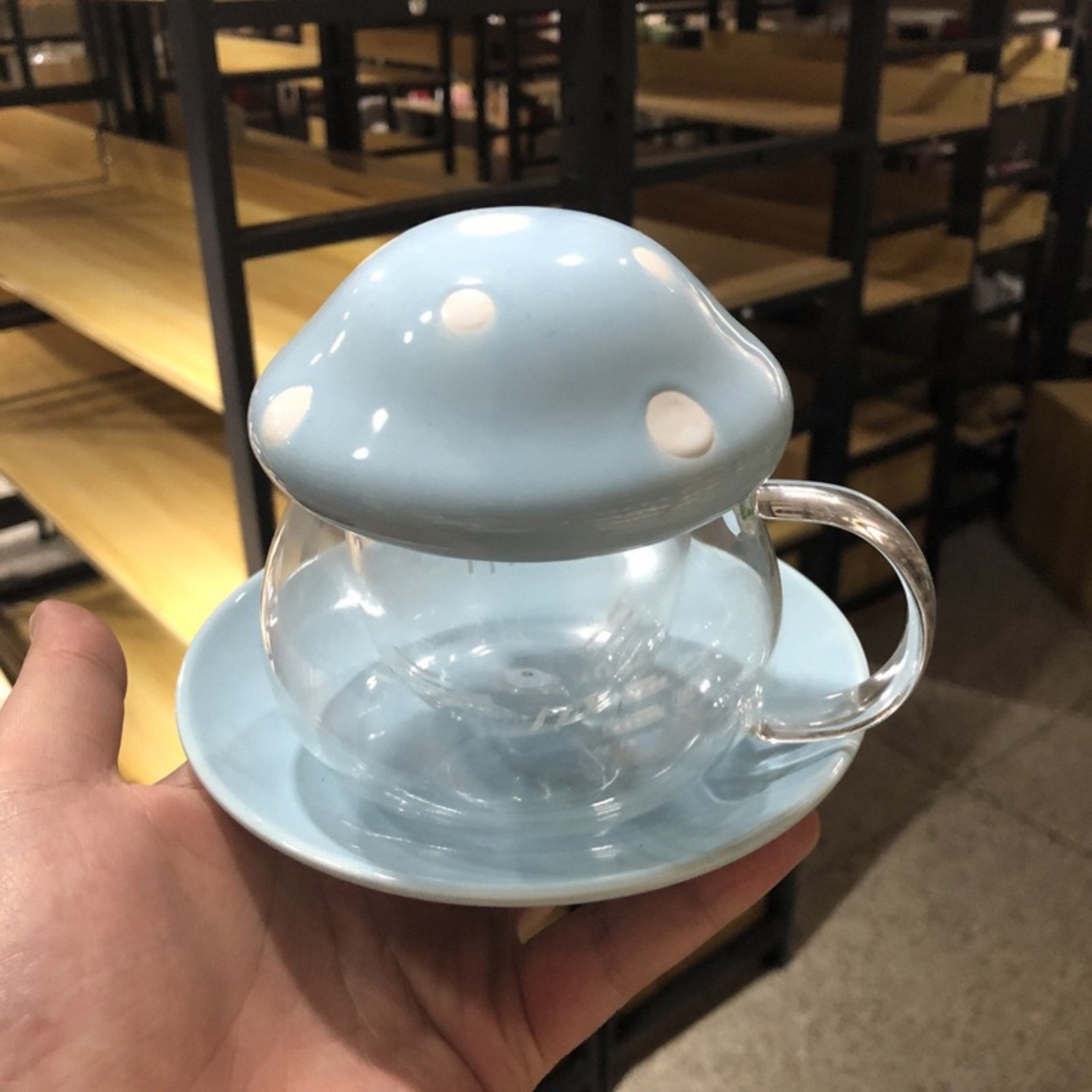 Cute Mushroom Glass Cup With Ceramic Lid & Dish Lovely - Etsy