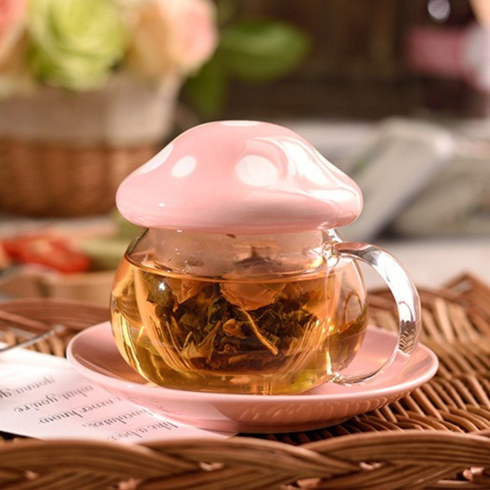Cute Mushroom Glass Cup With Ceramic Lid & Dish Lovely - Etsy