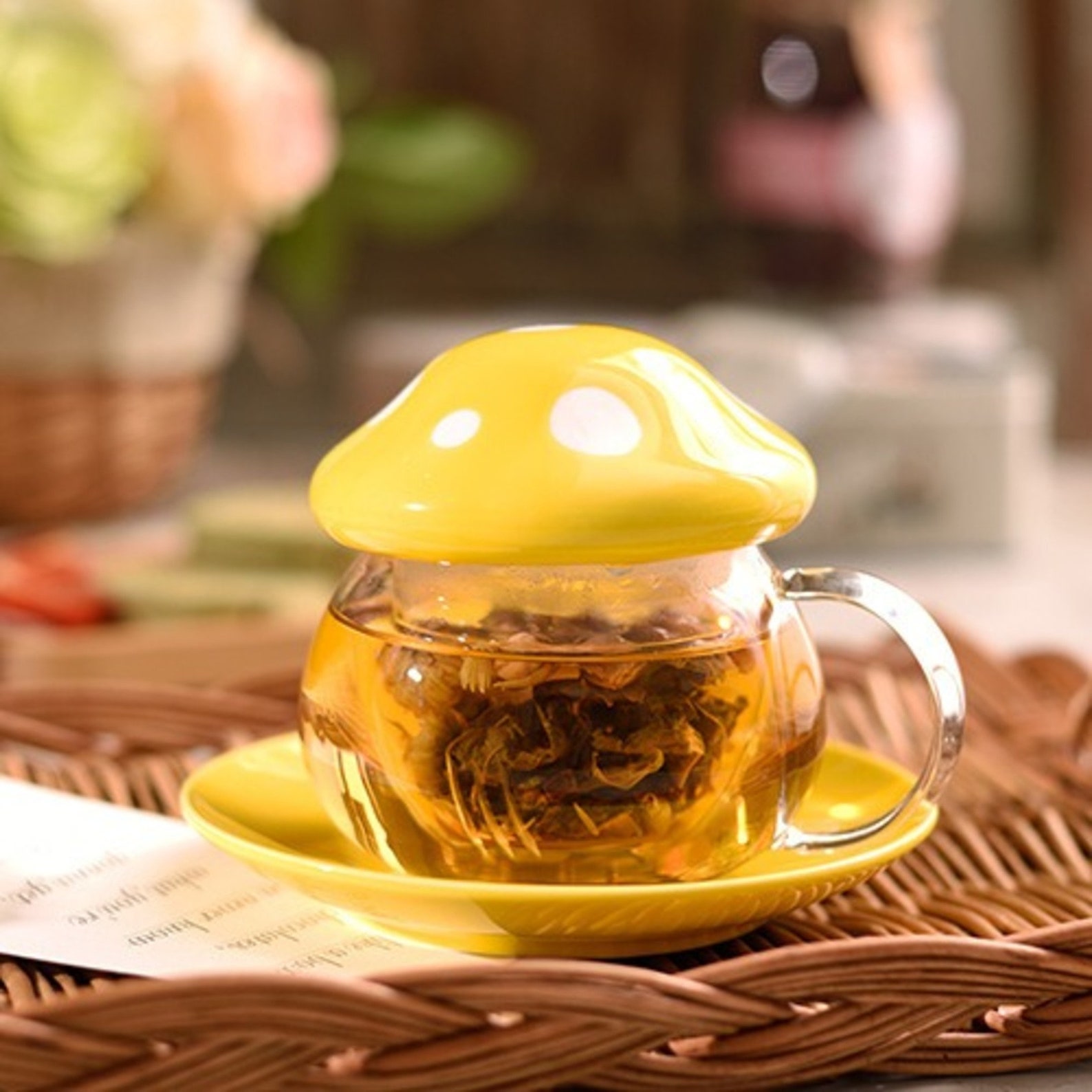 Cute Mushroom Glass Cup With Ceramic Lid & Dish Lovely - Etsy