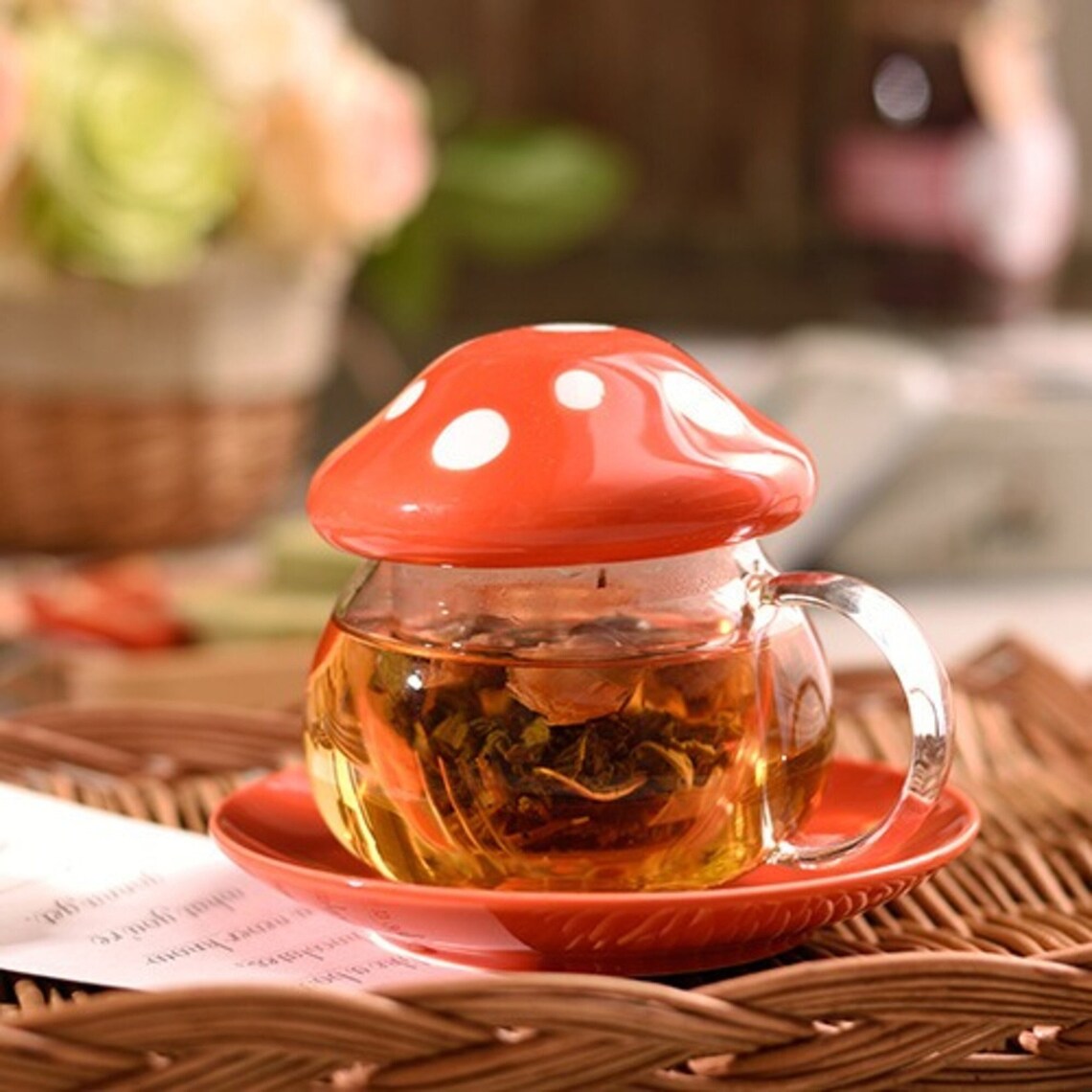 Cute Mushroom Glass Cup With Ceramic Lid & Dish Lovely - Etsy
