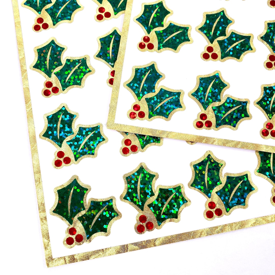 Christmas Holly Stickers, Set of 20 Sparkly Red Berry and Green Holly ...
