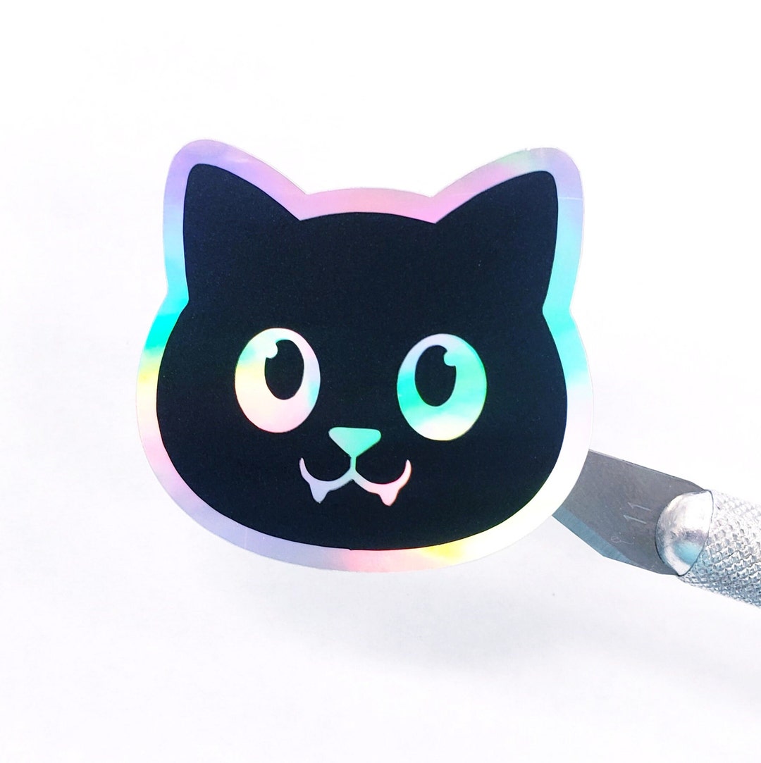 Cute Happy Cat Sticker Black and Silver Holographic Cat - Etsy