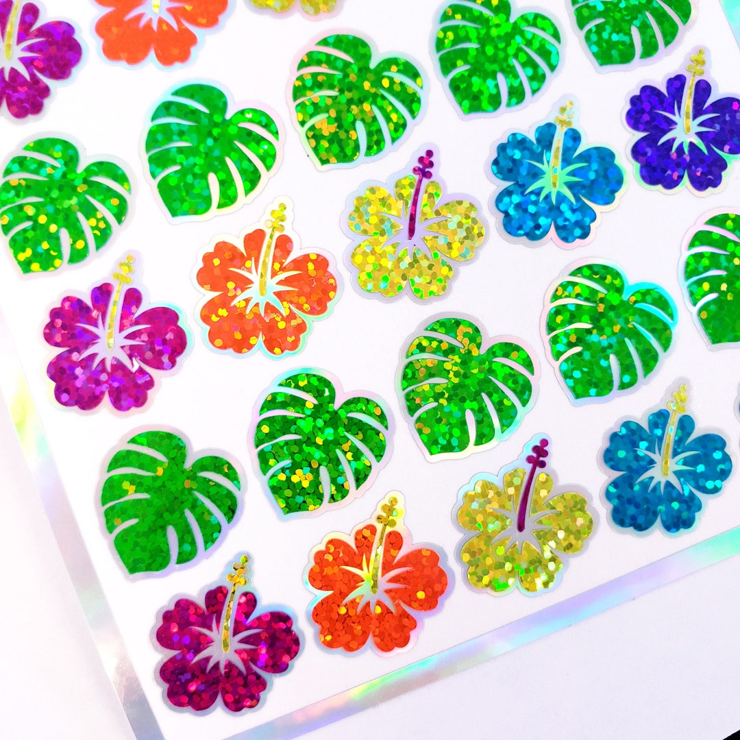 Tropical Flower Glitter Stickers, Set of 20 Hibiscus Flower Blooms and ...
