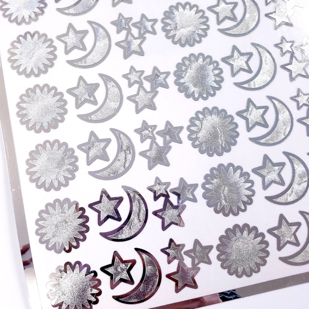 Sun Moon and Stars Stickers, Set of 64 Small Metallic Silver Vinyl ...