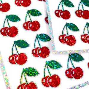 Cherry Sticker Sheet, Set of 30 Small Sparkly Retro Style Cherry Fruit ...
