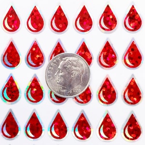 Red Blood Drop Stickers, Set of 136 Sparkling Red Vinyl Decals, Period ...