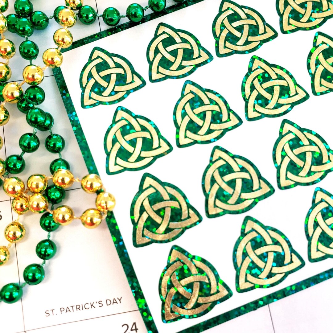 Celtic Trinity Knot Stickers – 20 Gold Knot Stickers on Sparkly Green ...