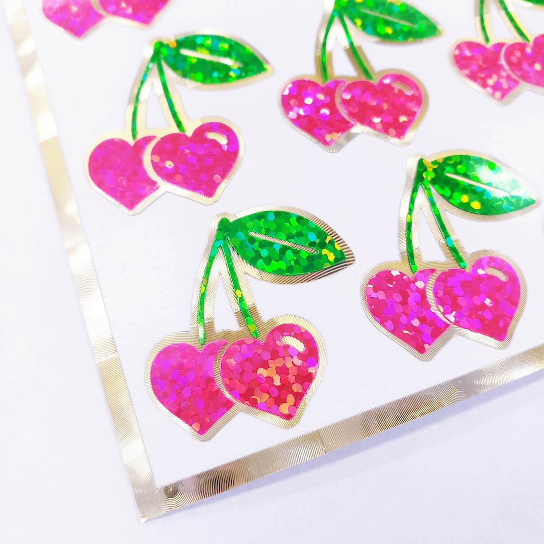 Pink Cherry Heart Stickers, Set of 24 Cute Fruit Glitter Decals for ...