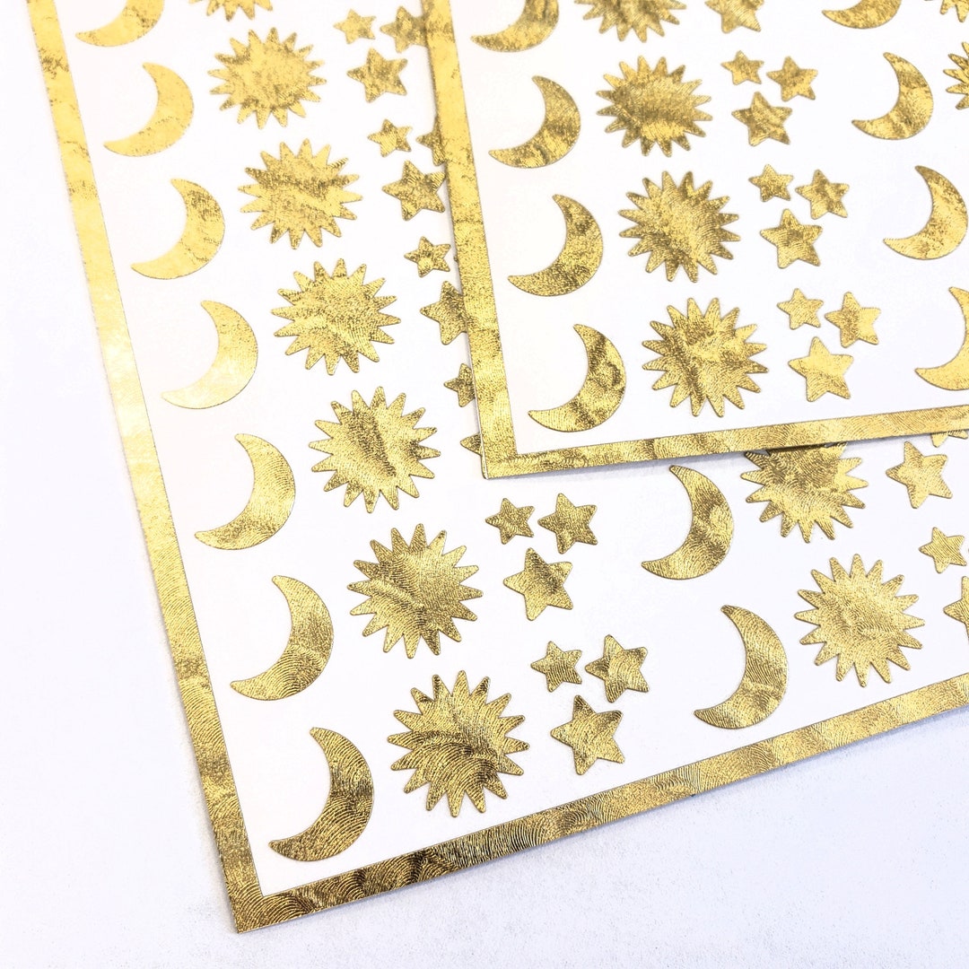 Sun Moon and Stars Sticker Sheet, Set of Small Metallic Gold Vinyl ...