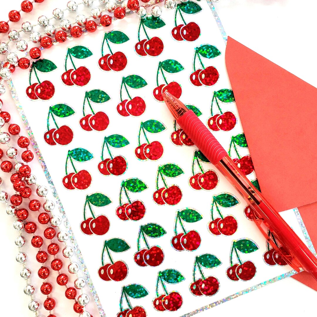 Cherry Sticker Sheet, Set of 30 Small Sparkly Retro Style Cherry Fruit ...