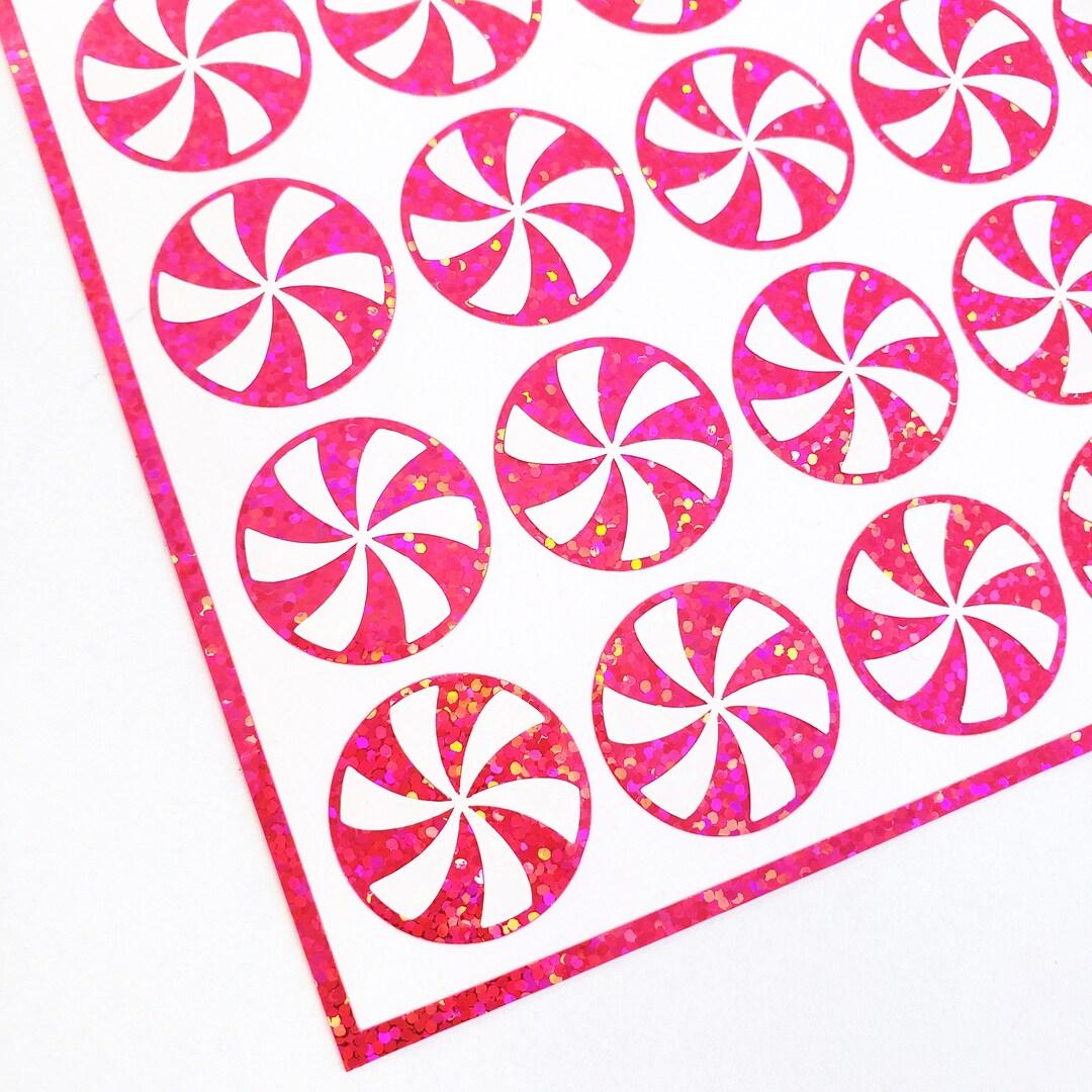 Pink Peppermint Stickers, Set of 24 Sparkly Christmas Candy Stickers ...