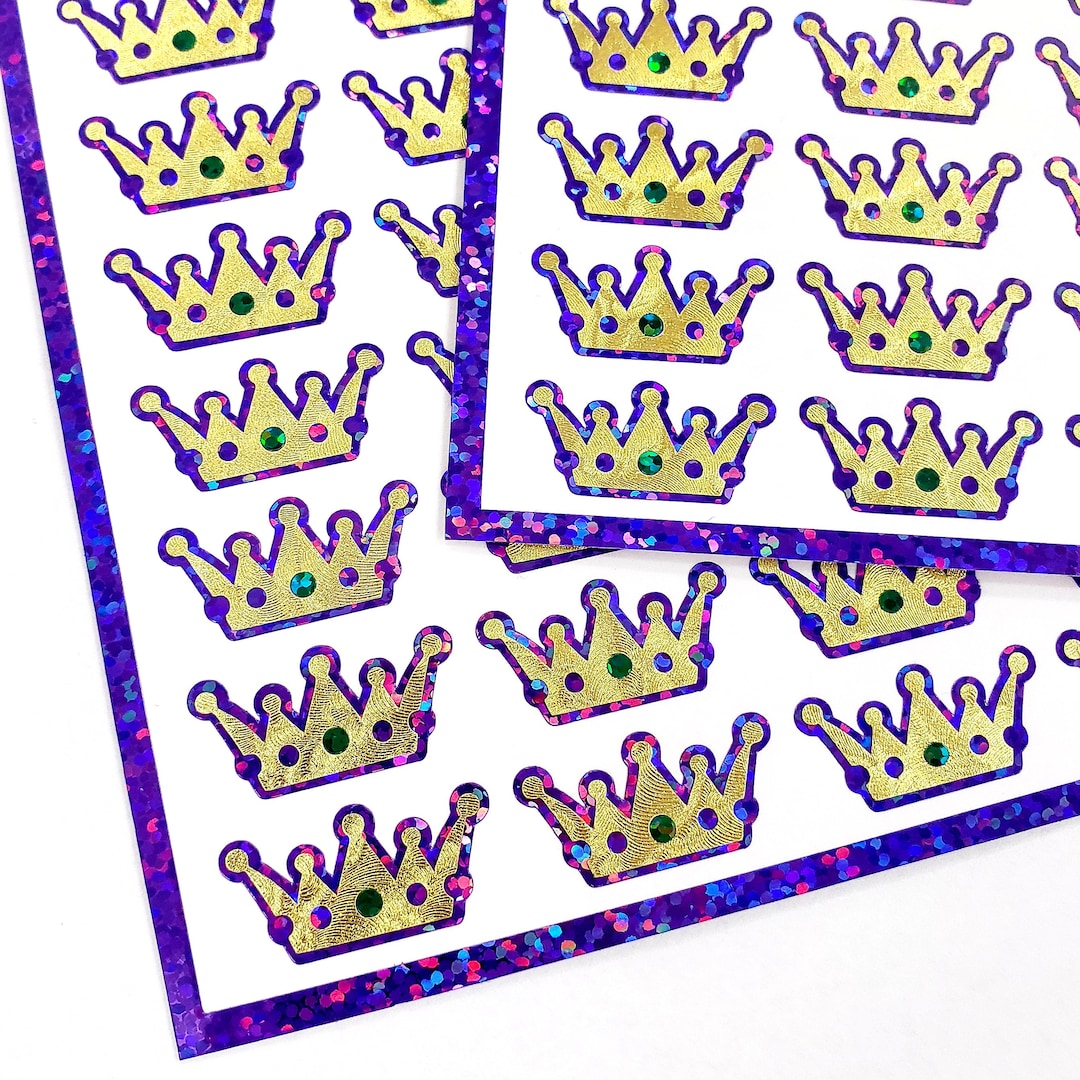 Mardi Gras Crown Stickers, Set of 48 Purple Green and Gold Glitter ...