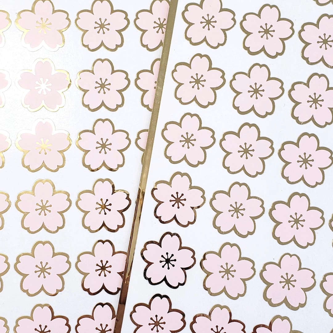 Cherry Blossom Stickers, Set of 35 Pink and Gold Sakura Flower Stickers ...