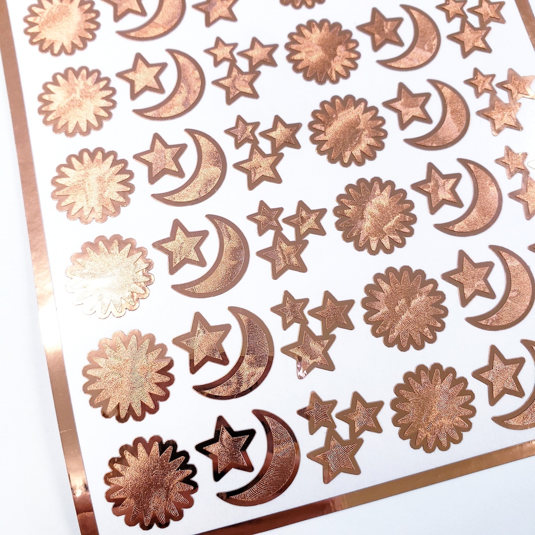 Sun Moon and Stars Stickers, Set of 64 Small Metallic Copper Vinyl ...