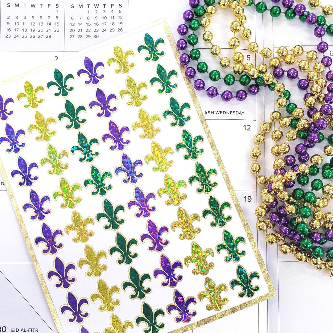 Mardi Gras Stickers, Set of 48 Purple Green and Gold French Fleur De ...