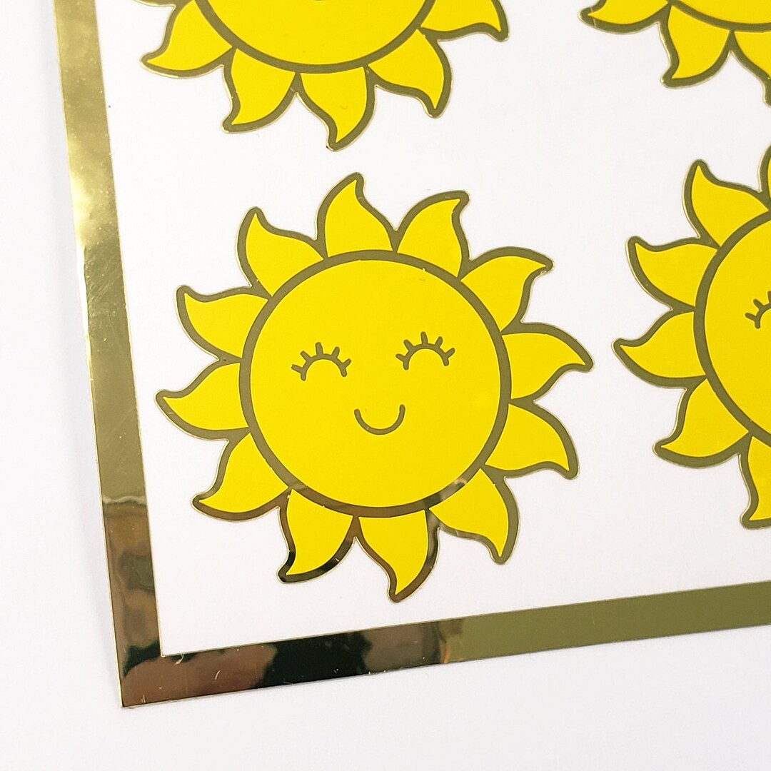 Happy Sun Stickers, Set of 6 Shiny Yellow and Gold Smiling Sun Vinyl ...