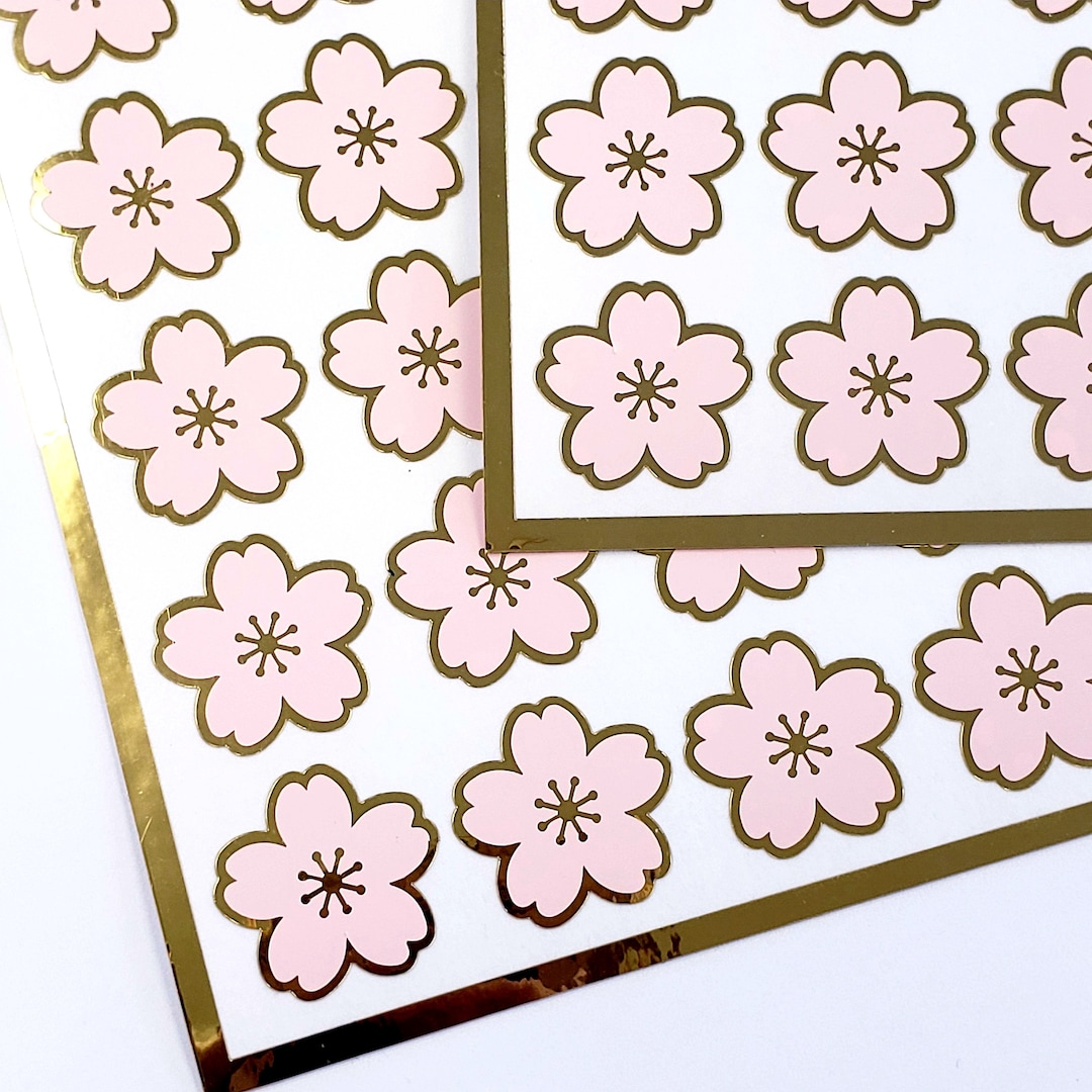 Cherry Blossom Stickers, Set of 35 Pink and Gold Sakura Flower Stickers ...