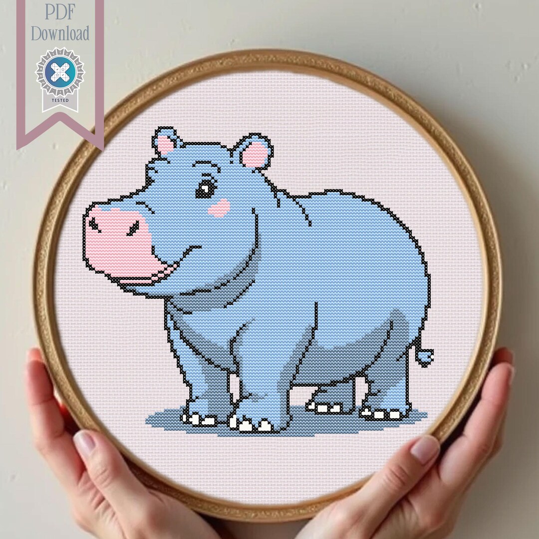 Hippo Cross Stitch Pattern for Kids Room Instant PDF Download | Counted Cross Stitch Pattern for ...