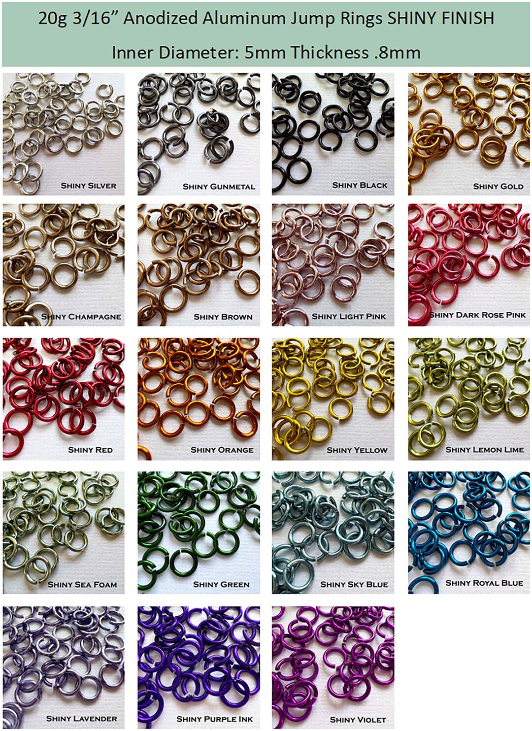 20g 3/16 AWG Jump Rings SHINY Anodized Aluminum Saw Cut Choose Color ...