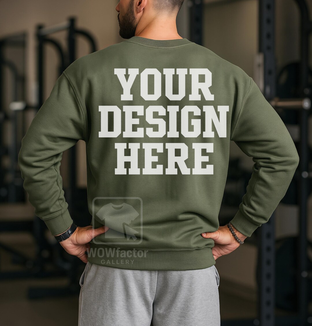 Gildan 18000 Military Green Mockup, Men's Back View Fall Sweatshirt ...