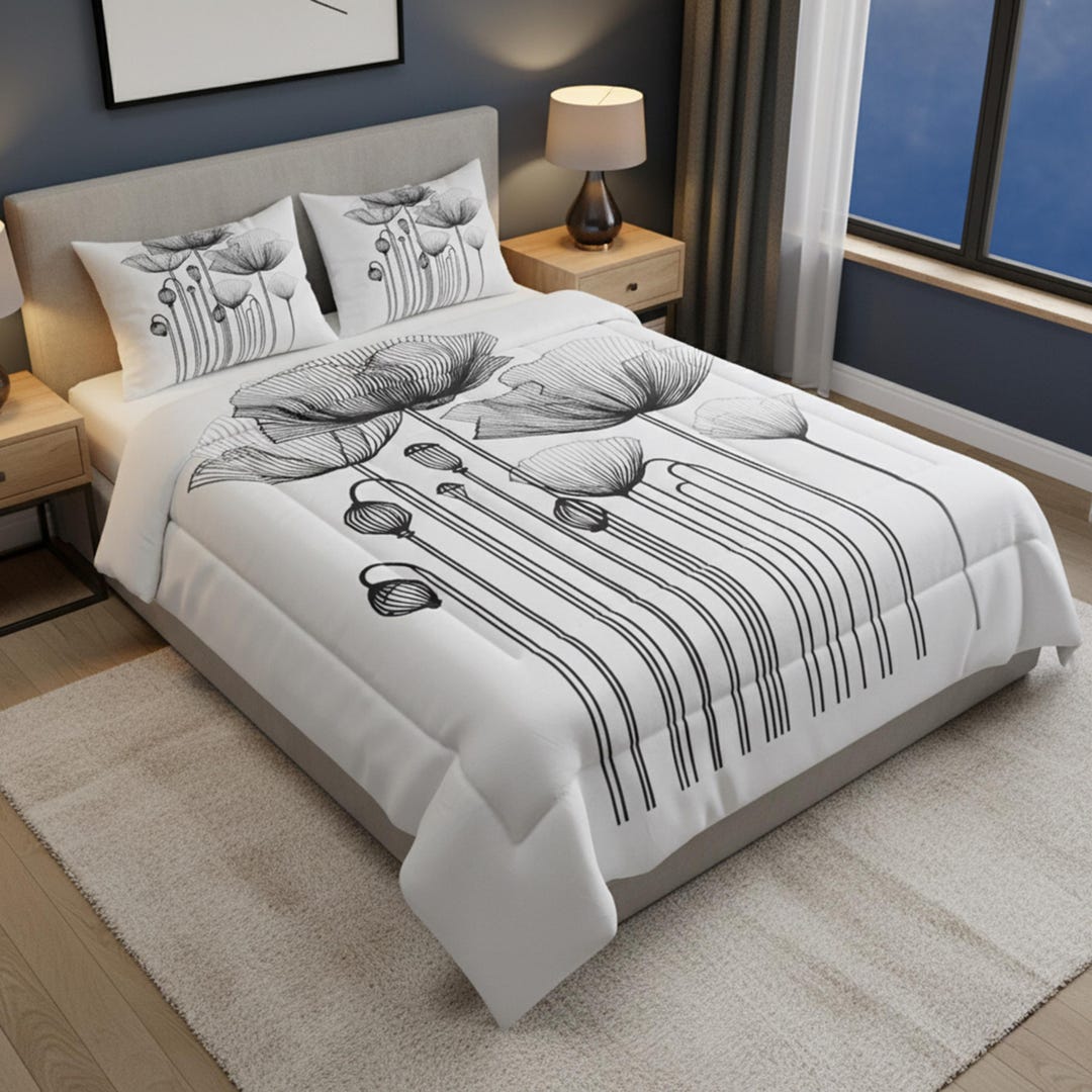 Comforter Modern Floral Line Art Bedding Minimalist Poppy Flower Design ...