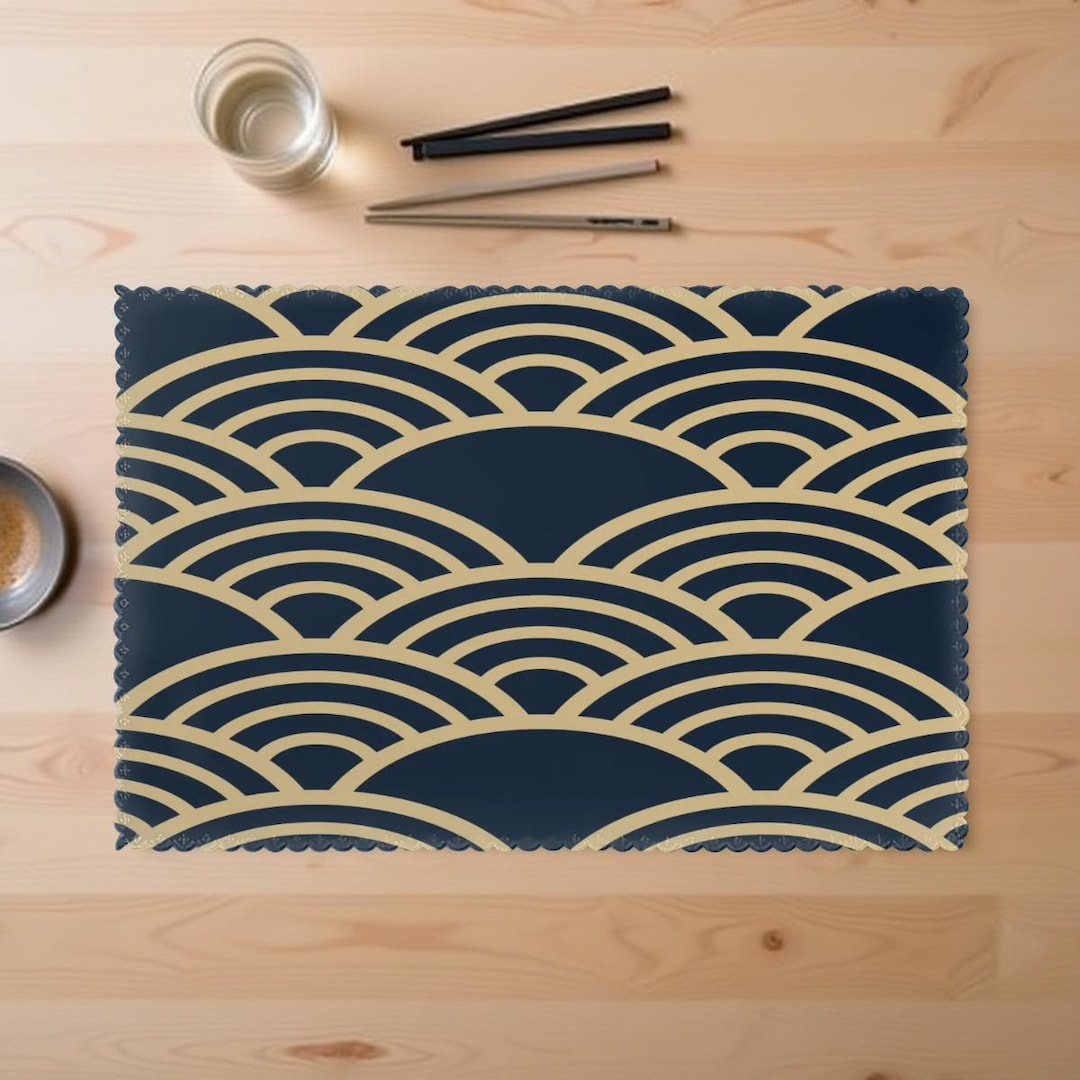 Japanese Wave Placemat Set Navy Gold Abstract Table Decor Zen Boho ...