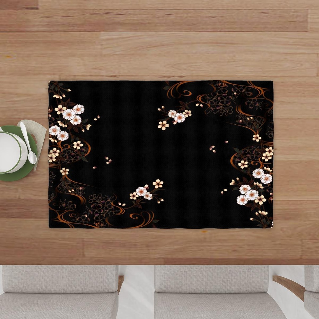 Japanese Placemat Cherry Blossoms Gold Swirls Black Background Elegant ...