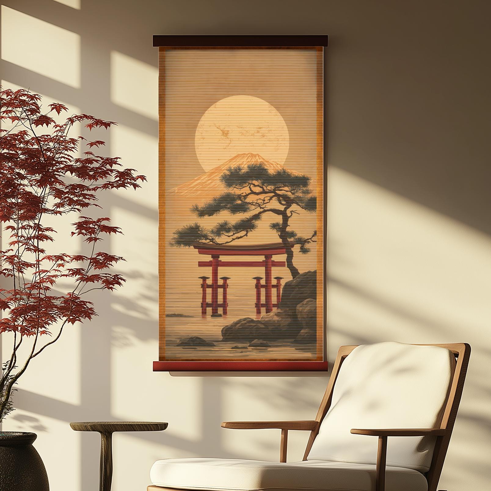 Japanese Torii Gate Bamboo Wall Scroll Mount Fuji Moonlight Lake Scene ...