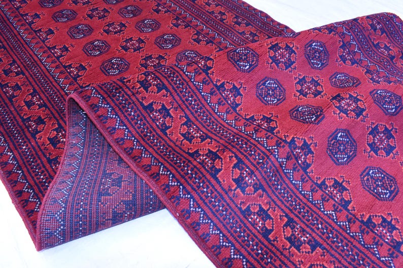 Red Afghan Bukhara Runner Rug: Hand-knotted Wool, Mowri Design, 2.9x9.8 ...