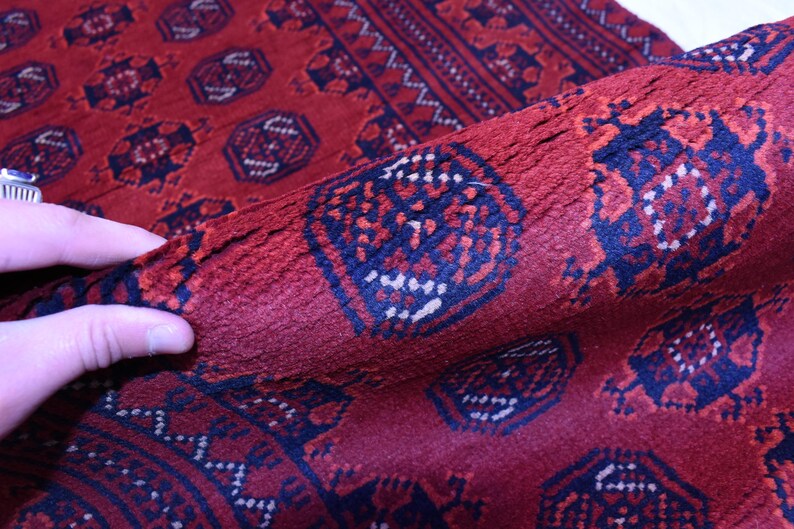 Red Afghan Bukhara Runner Rug: Hand-knotted Wool, Mowri Design, 2.9x9.8 ...