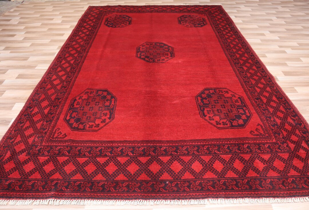 Vintage Red Turkmen Rug 7x10: Handmade Ersari Afghan Wool Rug - Etsy