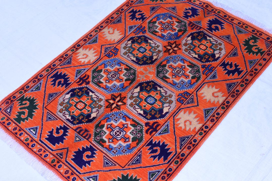 3x4 Orange Ersari Area Rug, Afghan Hand Knotted Wool Rug, Soft Pile Rug ...