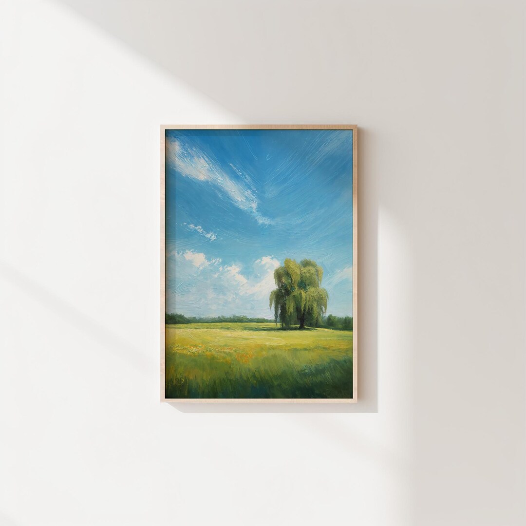 Lonely Weeping Willow Tree in a Field Print, Peaceful Vibrant Wall Art ...