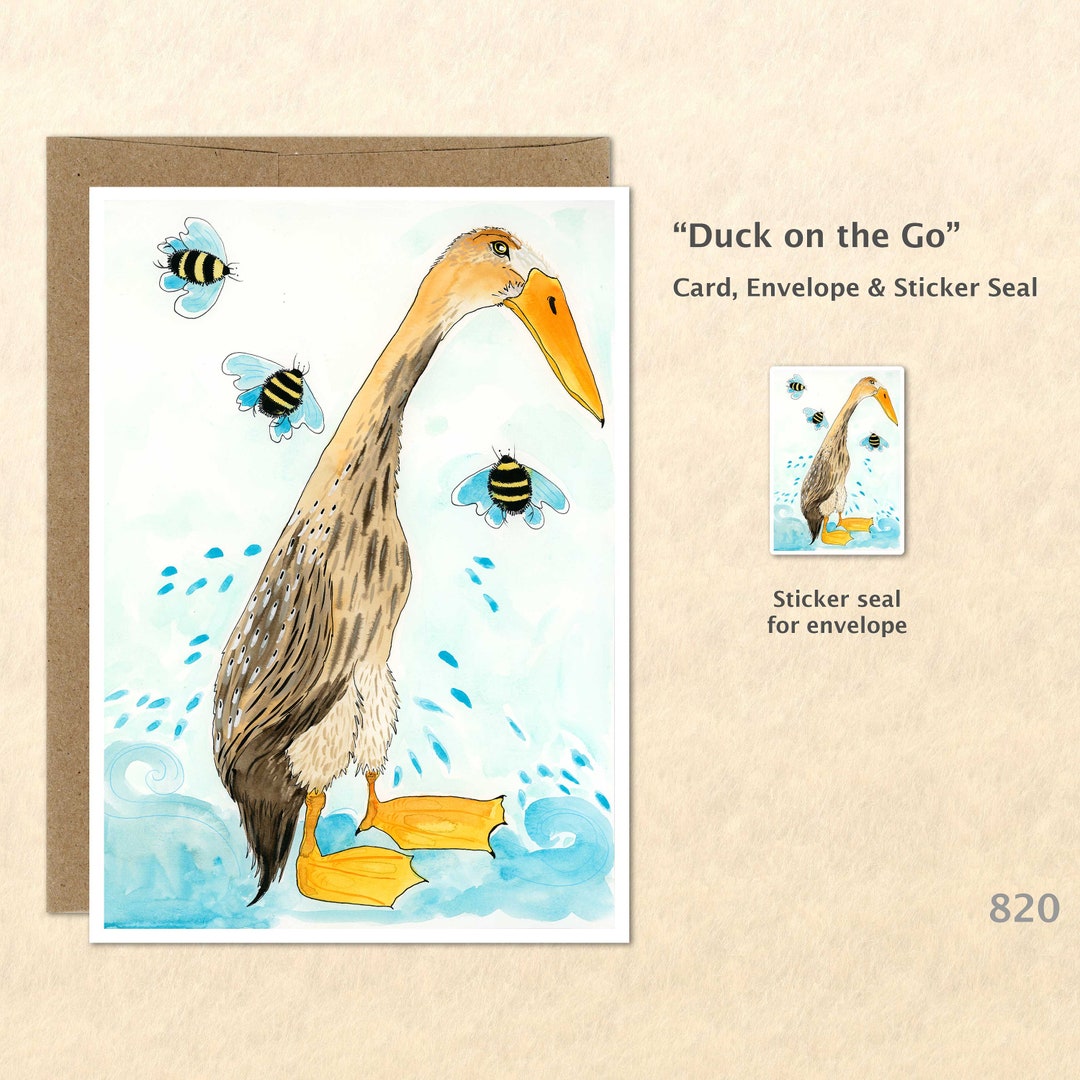 Cute Duck Card Silly Duck Card Duck and Bees Card Bird Card Cute Animal ...