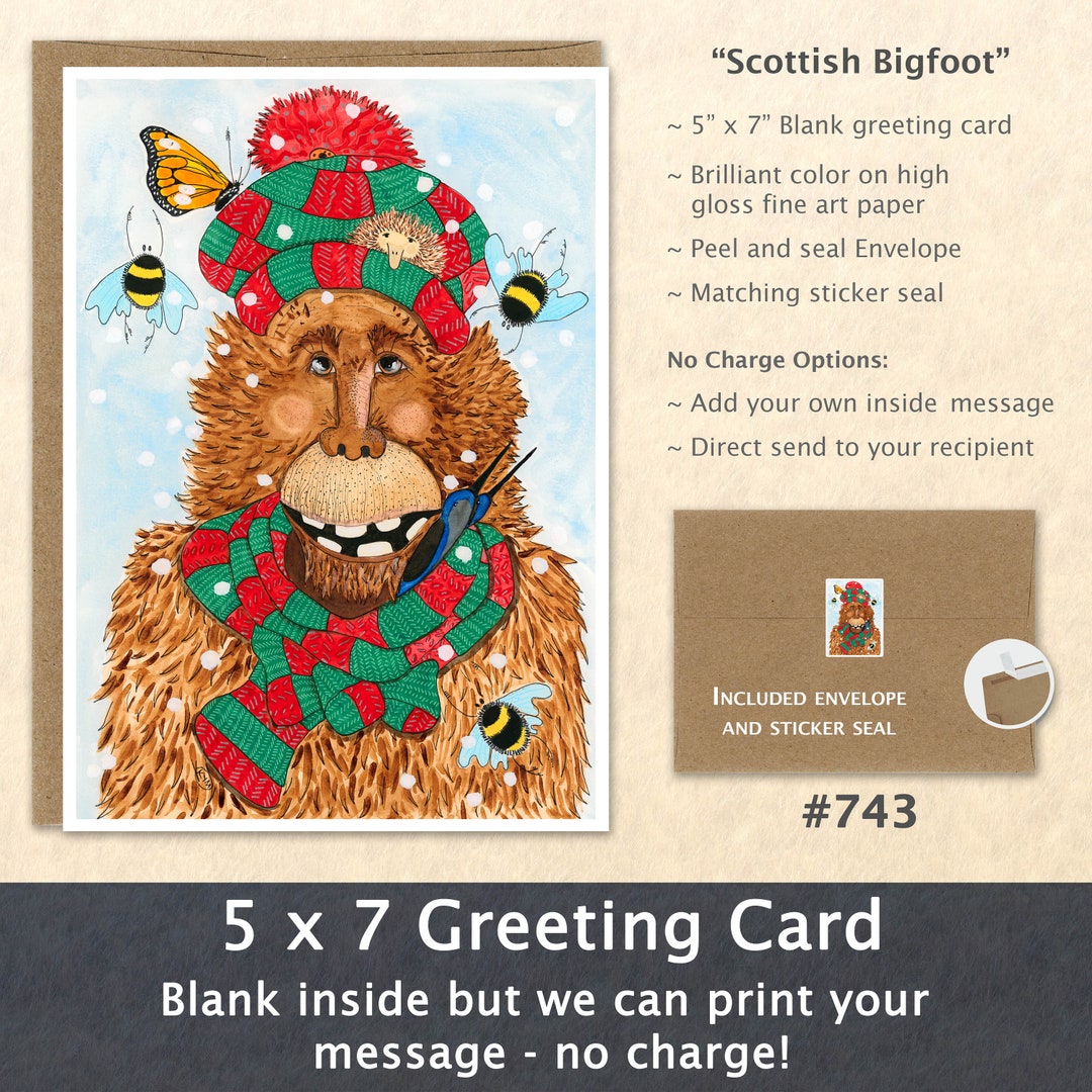 Scottish Bigfoot Card Christmas Bigfoot Blank Note Card Watercolor Art ...