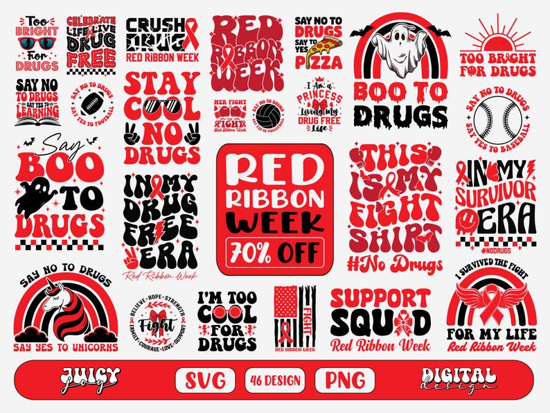 Red Ribbon Week Svg Png Bundle 3 Colors, Drug Free Svg, Say No to Drugs ...