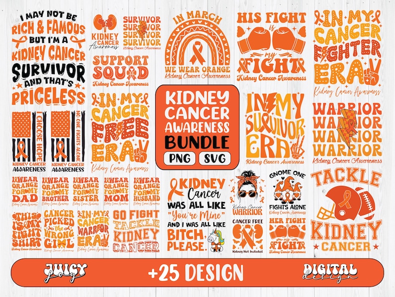 Kidney Cancer Awareness SVG PNG Bundle: Orange Ribbon, Warrior Support ...