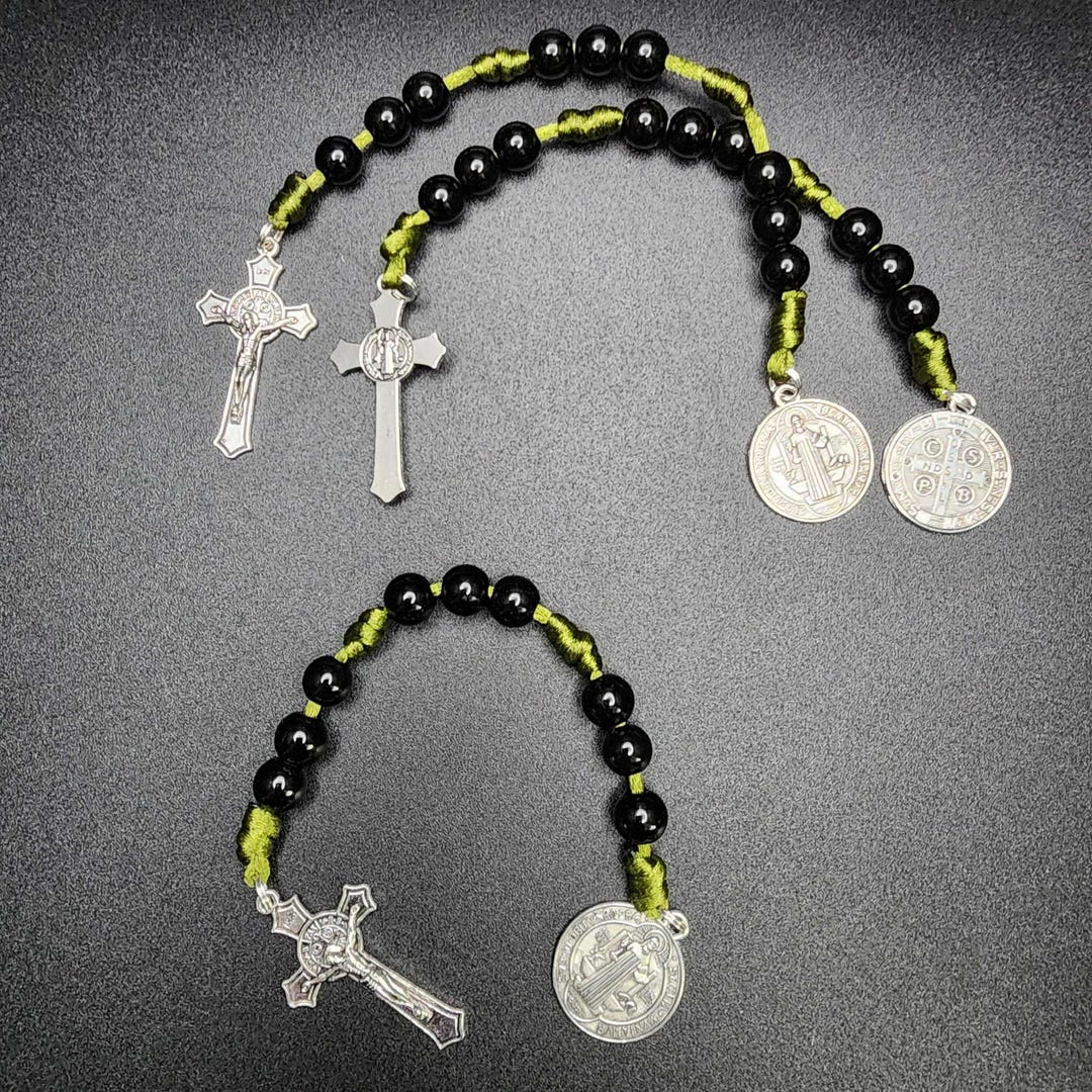 Saint Benedict Exorcist Combat Prayer Chaplet: Black Resin Beads, Olive ...