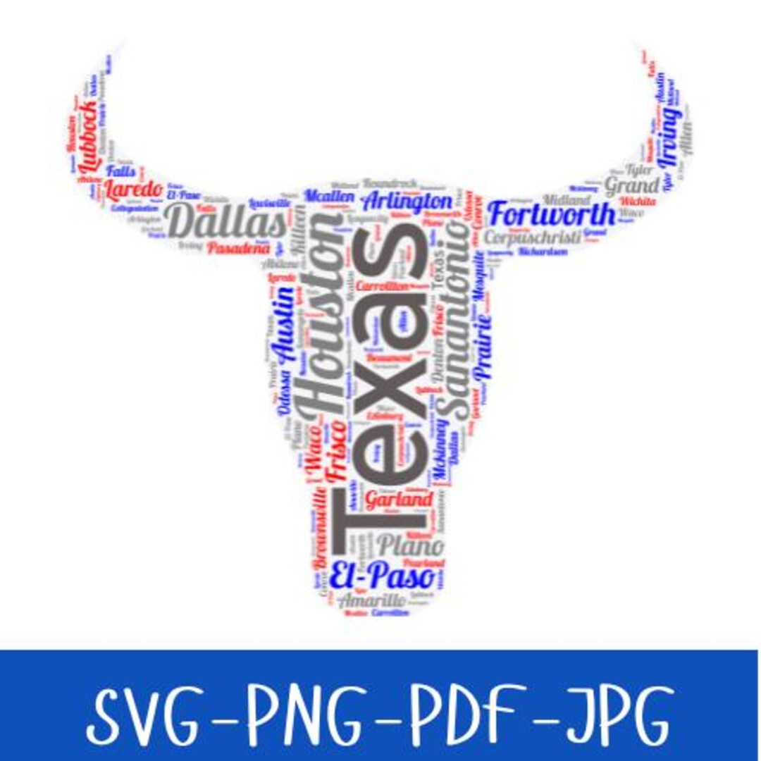 Texas Longhorn Steer Typography Map | Digital Download Featuring Texas ...
