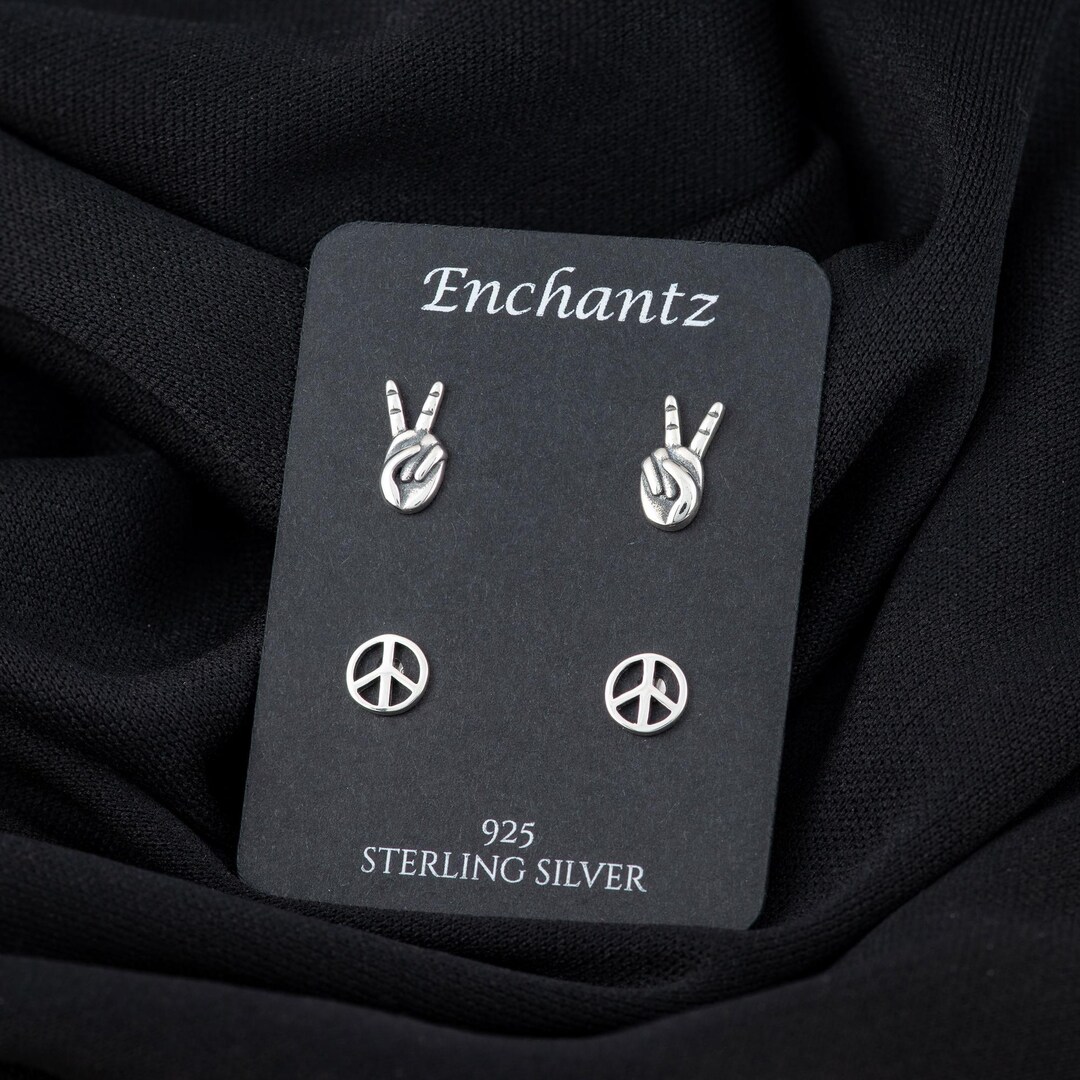 Solid 925 Sterling Silver Peace Hand Sign Stud Earrings for Children ...