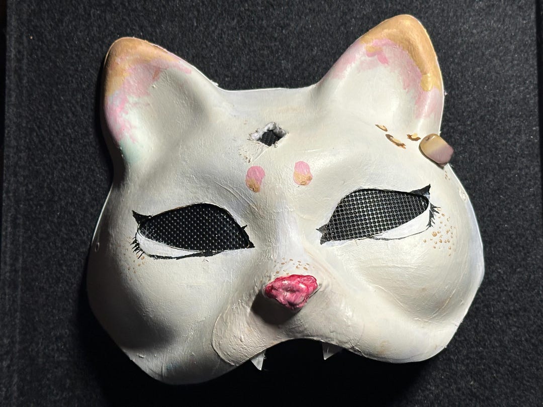 Custom Pre-made Therian Cat Mask With Fangs White Pink Tan and Brown ...