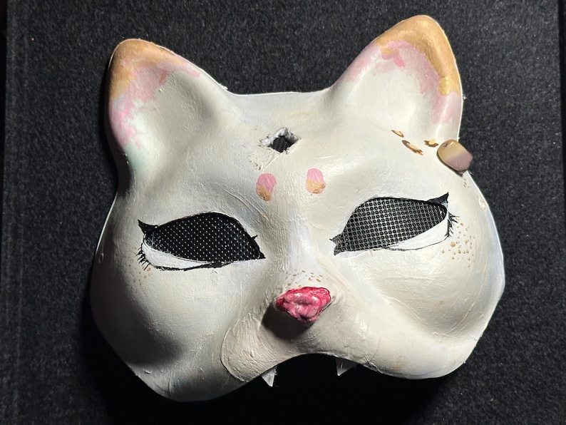 Custom Pre-made Therian Cat Mask With Fangs White Pink Tan and Brown ...