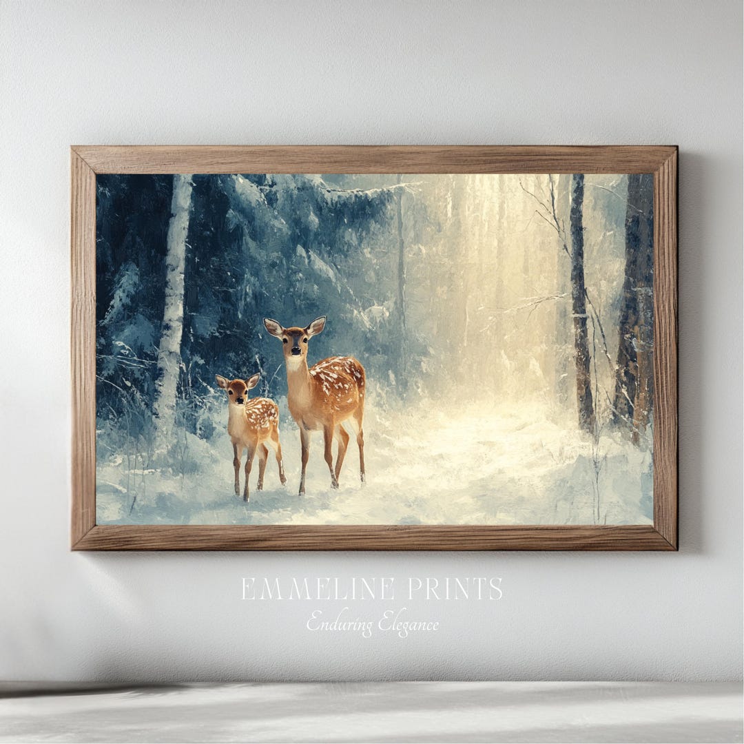 Winter Deer Art Print: Vintage Fawn and Doe in Snowy Forest (digital ...